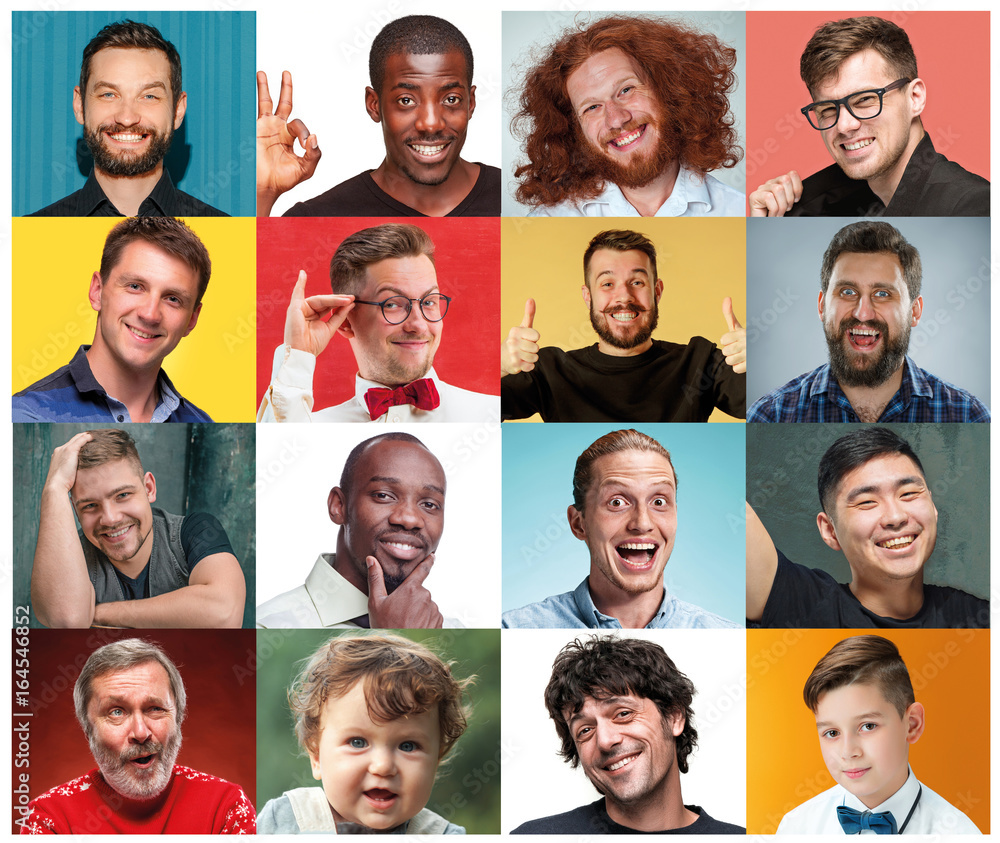 The collage from portraits of women with smiling facial expression ...