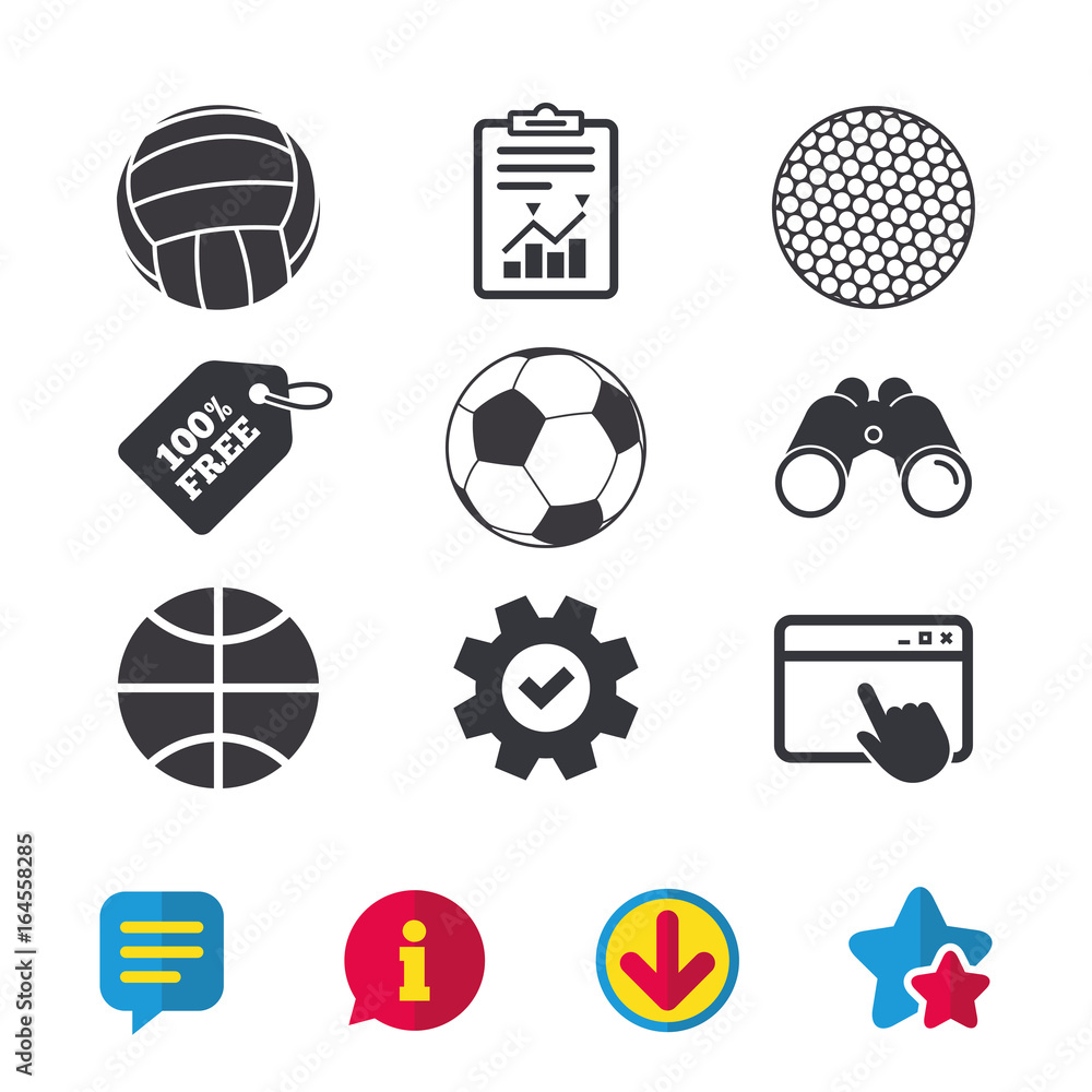 Sport balls icons. Volleyball, Basketball, Soccer and Golf signs. Team ...