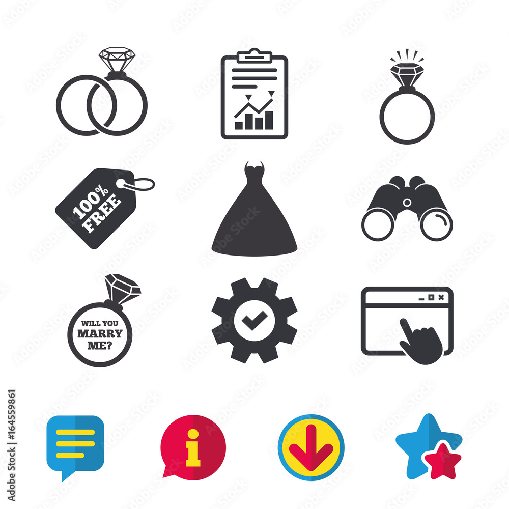 Wedding dress icon. Bride and groom rings symbol. Wedding or engagement day ring shine with ...