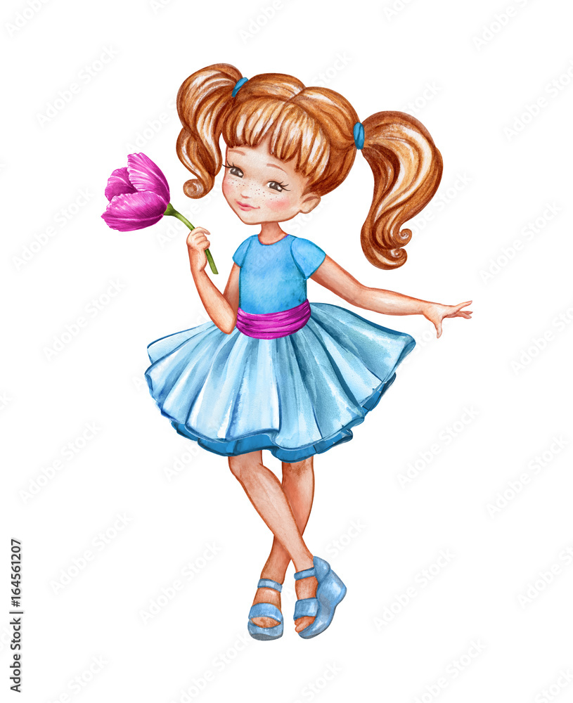 watercolor illustration, cute little girl in blue dress holding pink ...