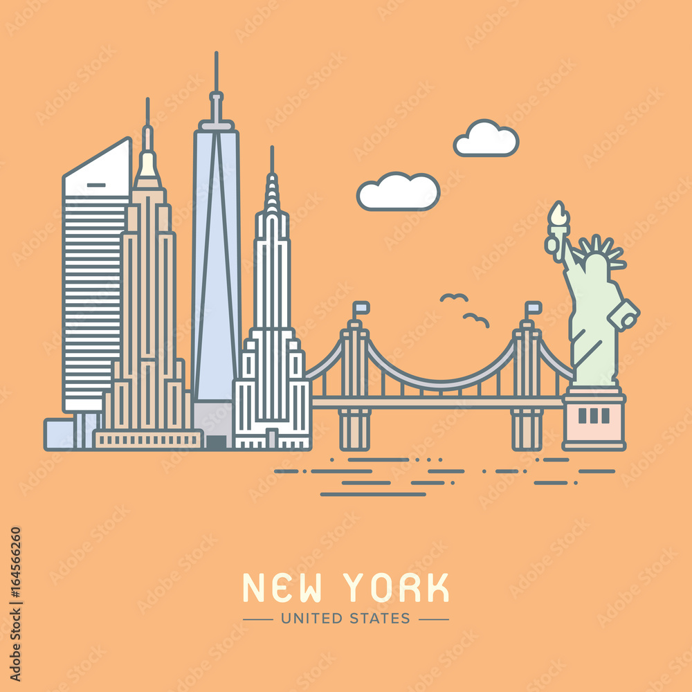 New York City landmarks flat vector illustration Stock Vector | Adobe Stock