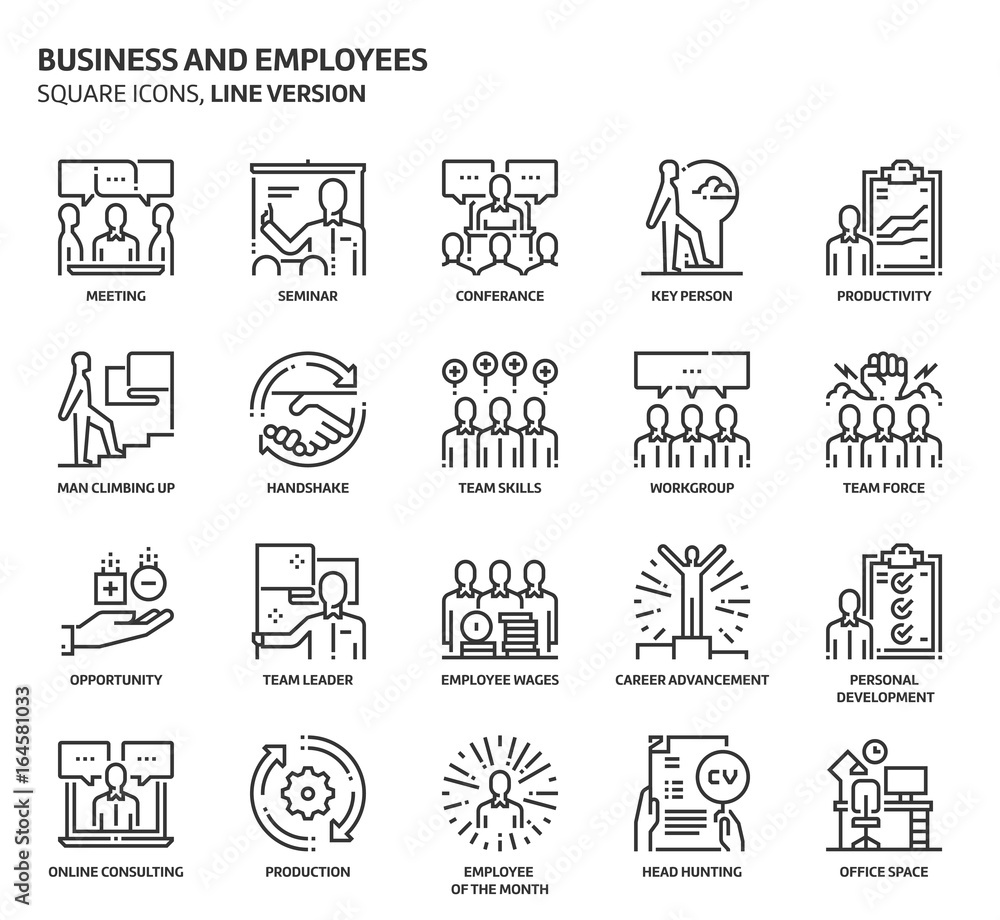 Business and employees, square icon set Stock Vector | Adobe Stock