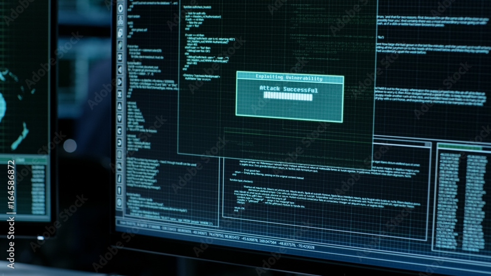 Display Showing Stages of Hacking in Progress: Exploiting Vulnerability ...