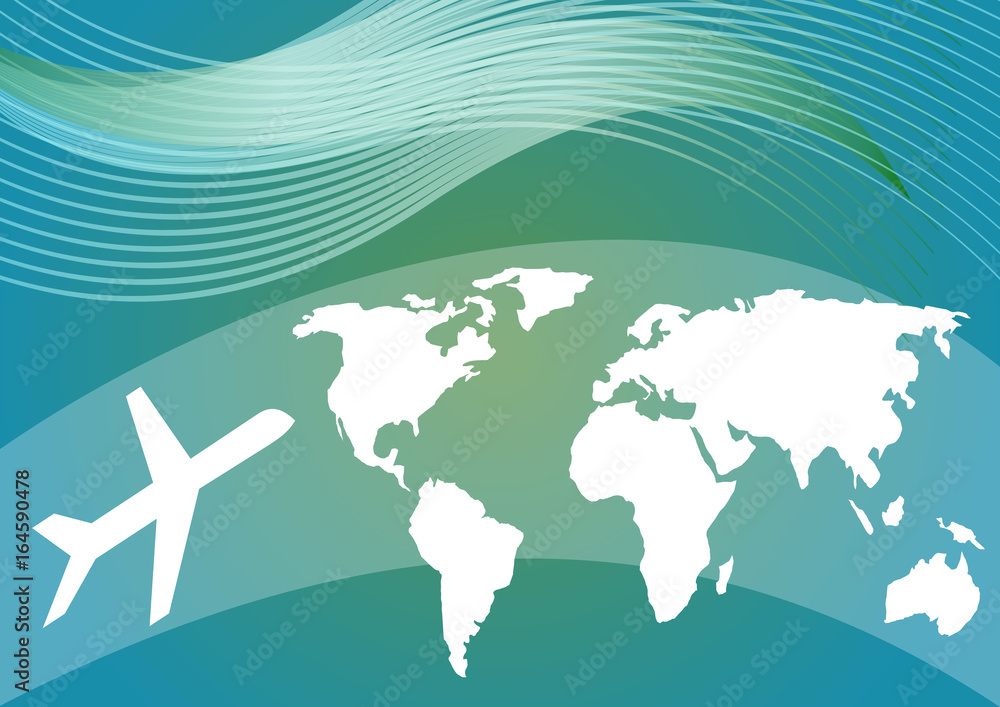 Air travelling background with stylized world map and silhouette of an ...
