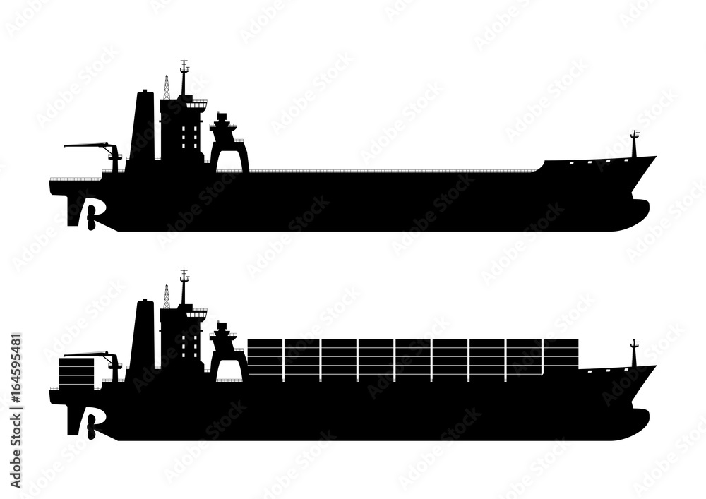 Silhouettes of loaded and empty modern container ship . Flat vector ...