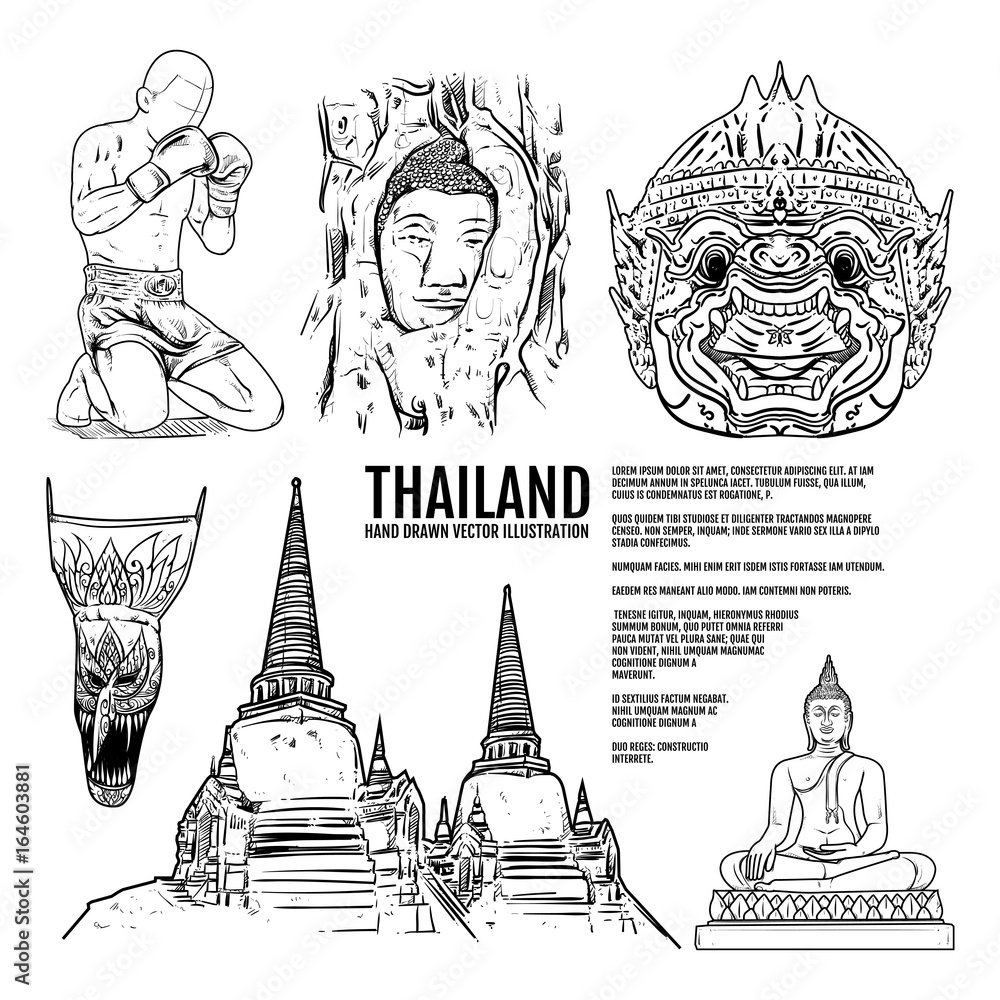Thailand tourism. Hand draw thai landmark Vector Illustration. Amazing ...