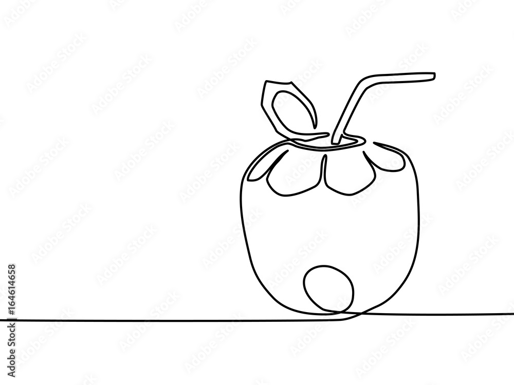 Continuous line drawing. Coconut Water Drink. Vector illustration black ...