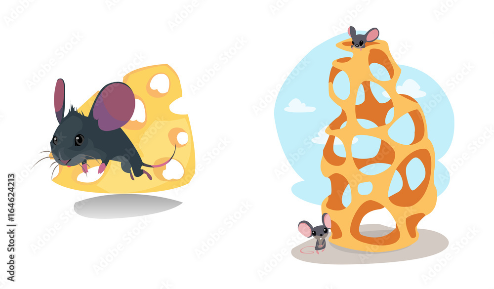 Digital vector funny cartoon cheese labyrinth with happy mice on top ...