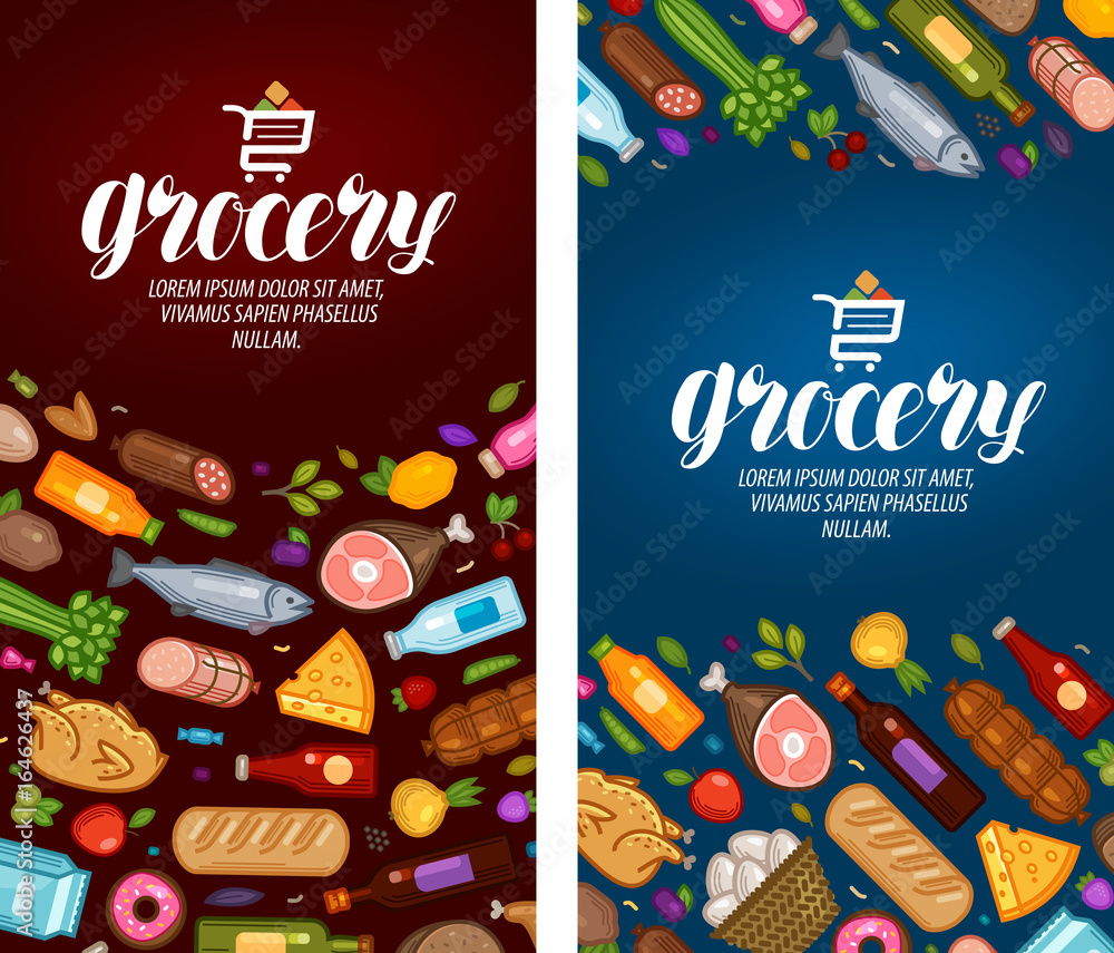 Grocery store, label. Food, supermarket banner. Vector illustration ...
