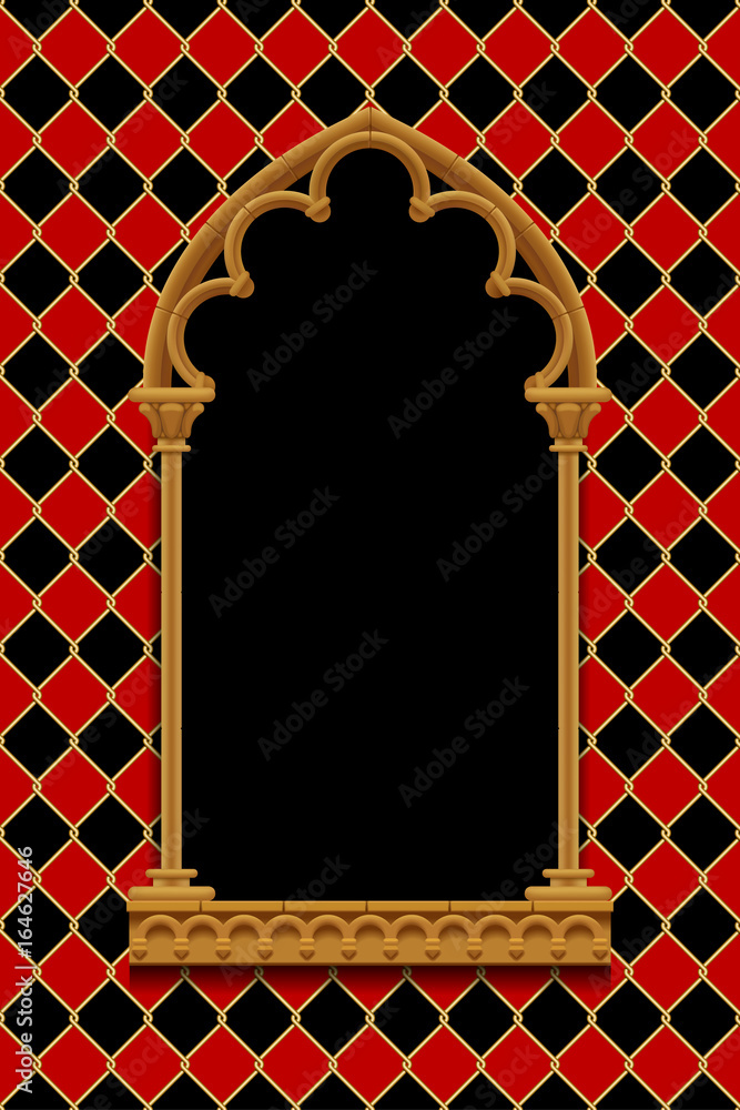 Classic gothic decorative frame on red and black rhomboids background ...