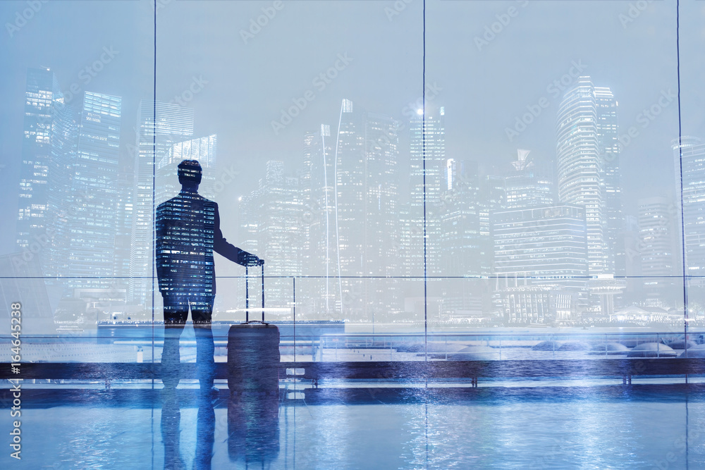 airport double exposure, business travel background, passenger with ...