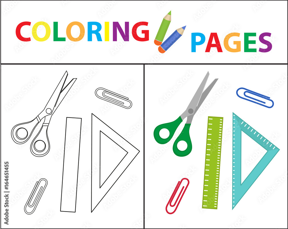 Coloring book page. Back to school set, scissors, ruler, paperclips ...