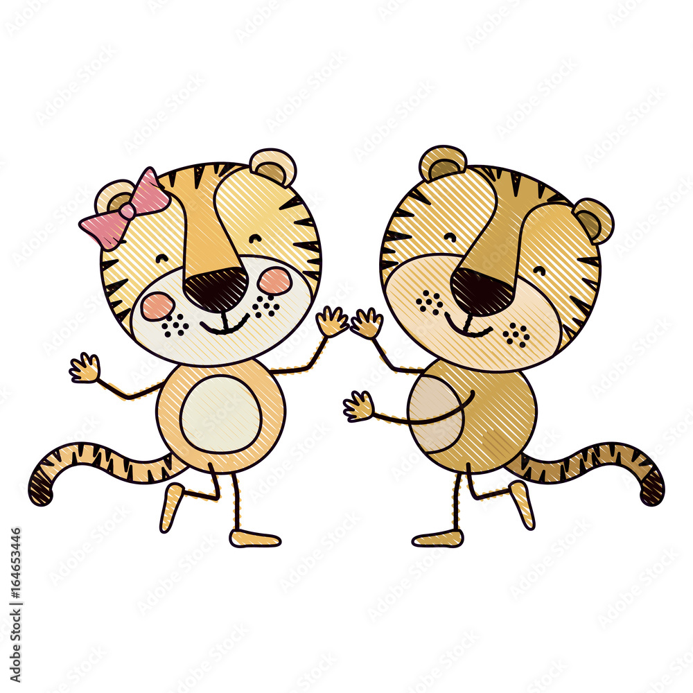 color crayon silhouette caricature with couple of tigers dancing vector ...