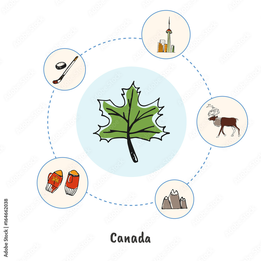 Attractive Canada. Maple leaf colorized doodle surrounded mountains ...