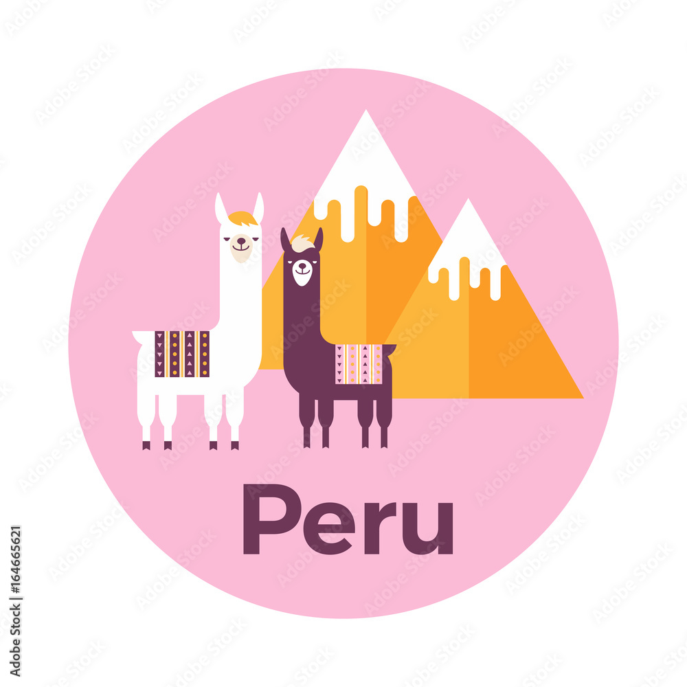 Vector illustration stickers or label of Peru with mountains and lamas ...