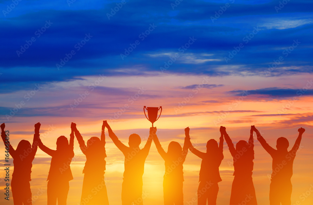 Silhouette eight business people make high hands when business success ...