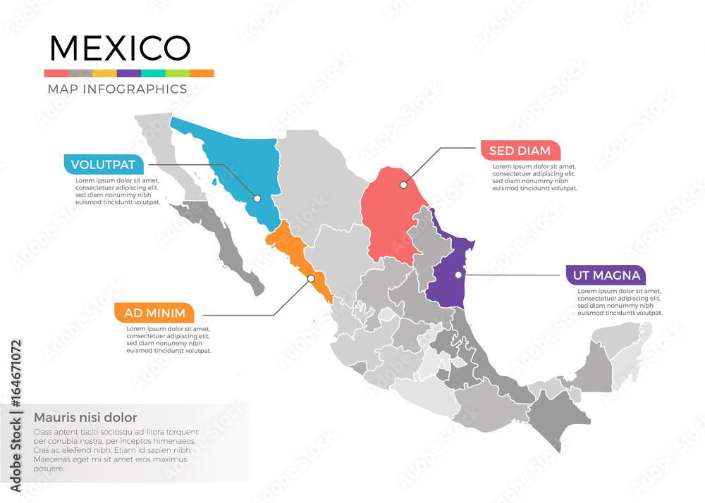 Mexico map infographics vector template with regions and pointer marks ...