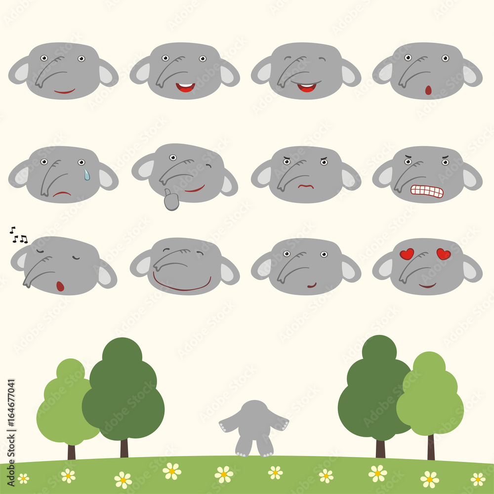 Emoticons set face of elephant in cartoon style. Collection isolated ...