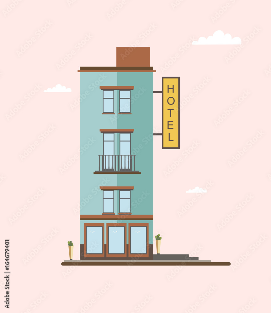 Modern mid-rise hotel building side view. Colorful flat vector ...