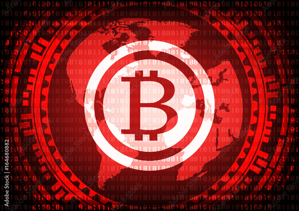 Abstract technology bitcoins logo on binary code and gear world map background . Vector ...