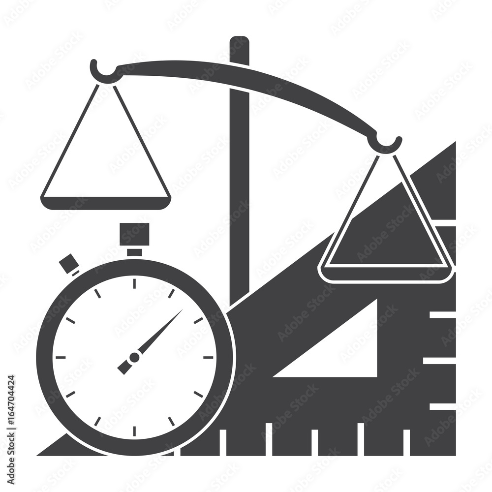 Metrology concept with scales, ruler and stopwatch, vector silhouette ...
