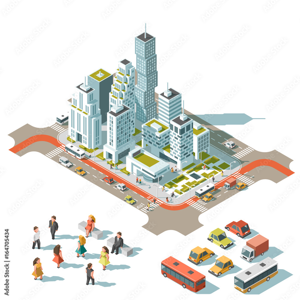 Vector Isometric info graphic city streets with different buildings ...