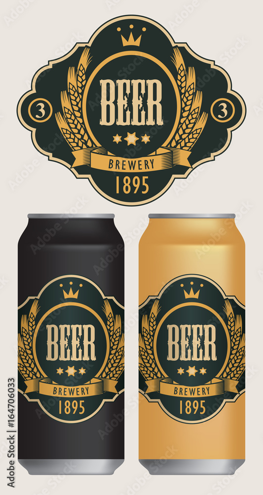 Vector beer label with coat of arms, wreath of wheat and ribbon in ...