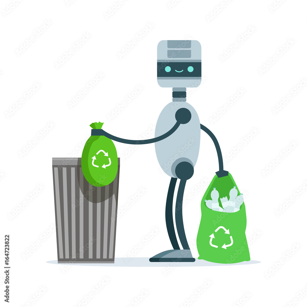 Housemaid android character throwing bags of garbage vector ...