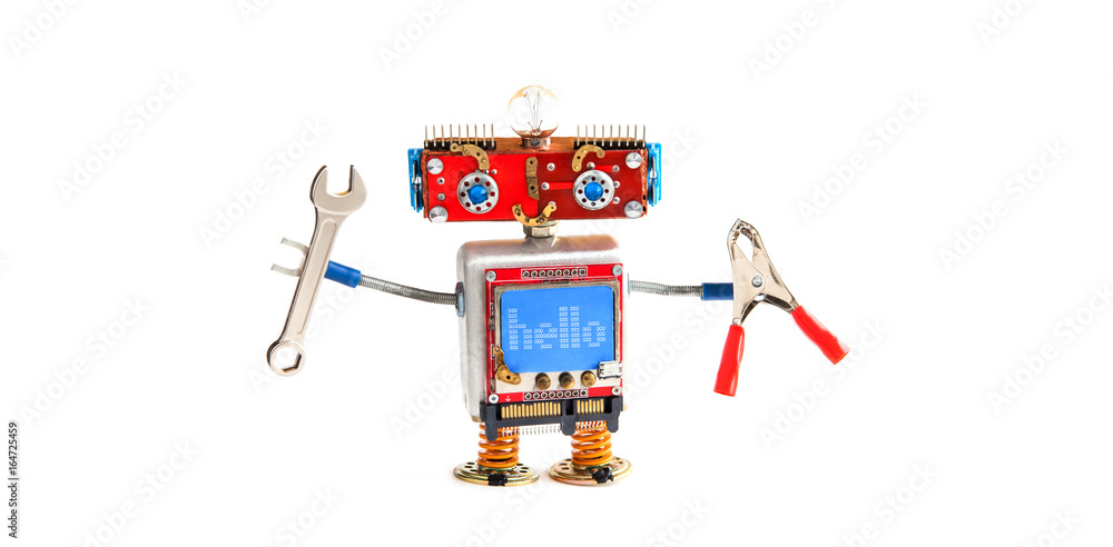 Handyman robot chat bot with hand wrench, pliers on white background ...