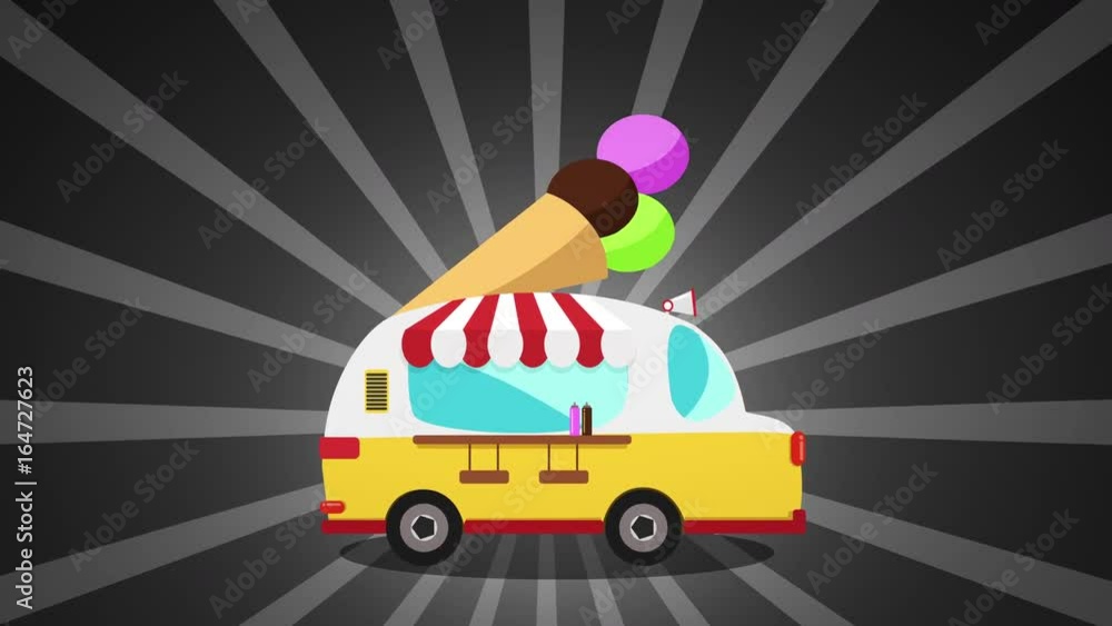 Cartoon Ice cream Car over black background with sunburst rotation ...