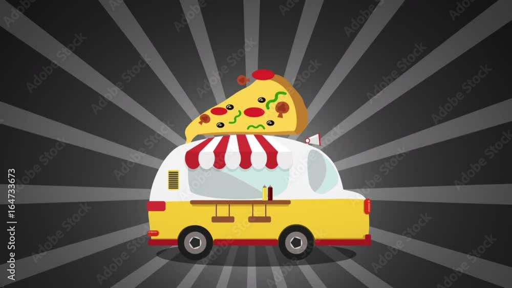 Cartoon Pizza Car over black background with sunburst rotation ...