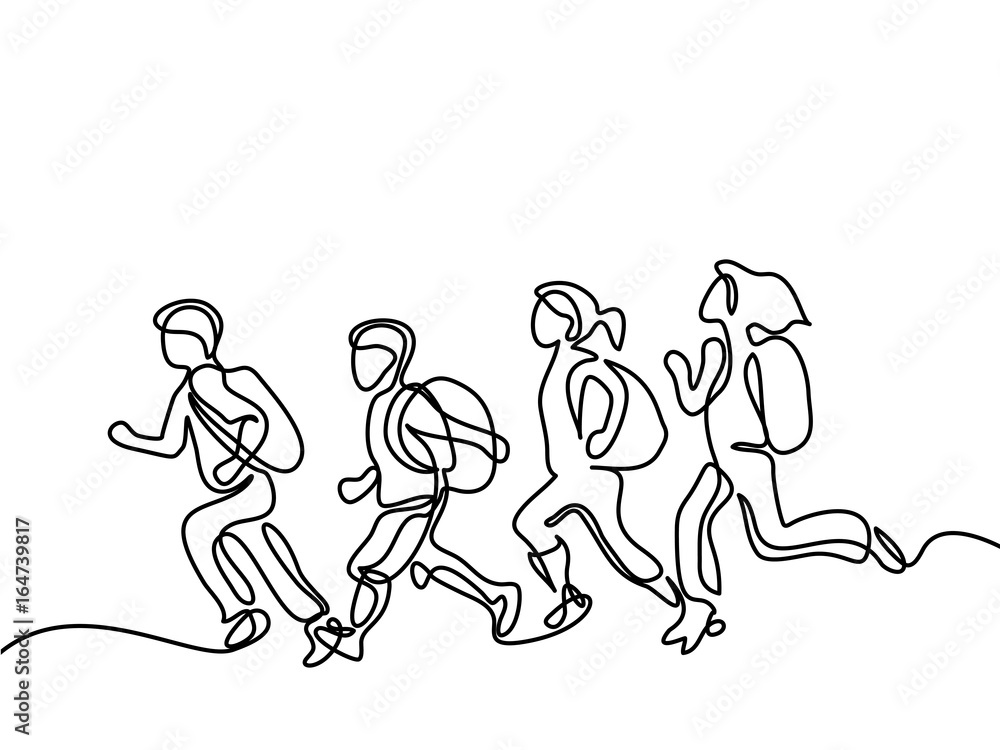 Kids running back to school with bags. Continuous line drawing. Vector ...