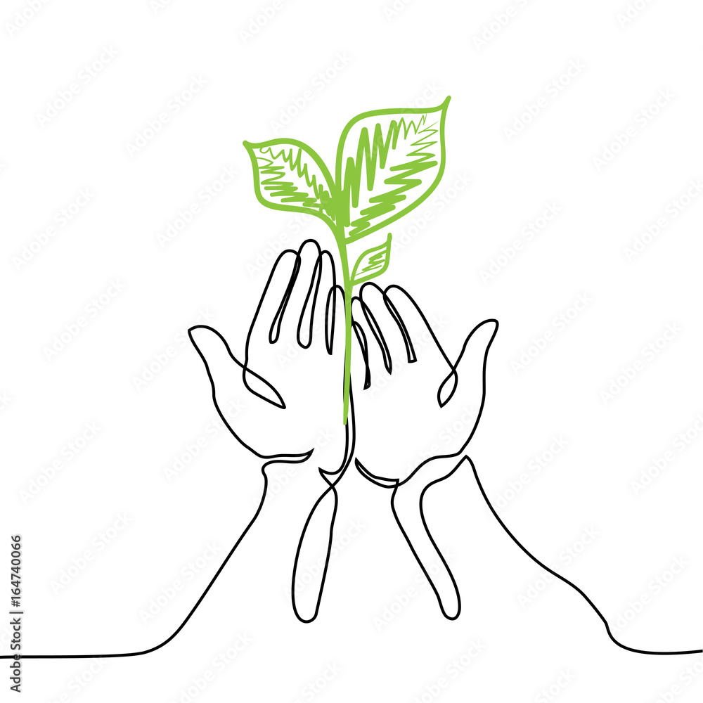 Hands holds a living green plant seedling. Continuous line drawing ...