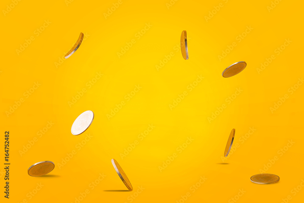 Realistic of gold coins falling down and explosion with copy space and ...