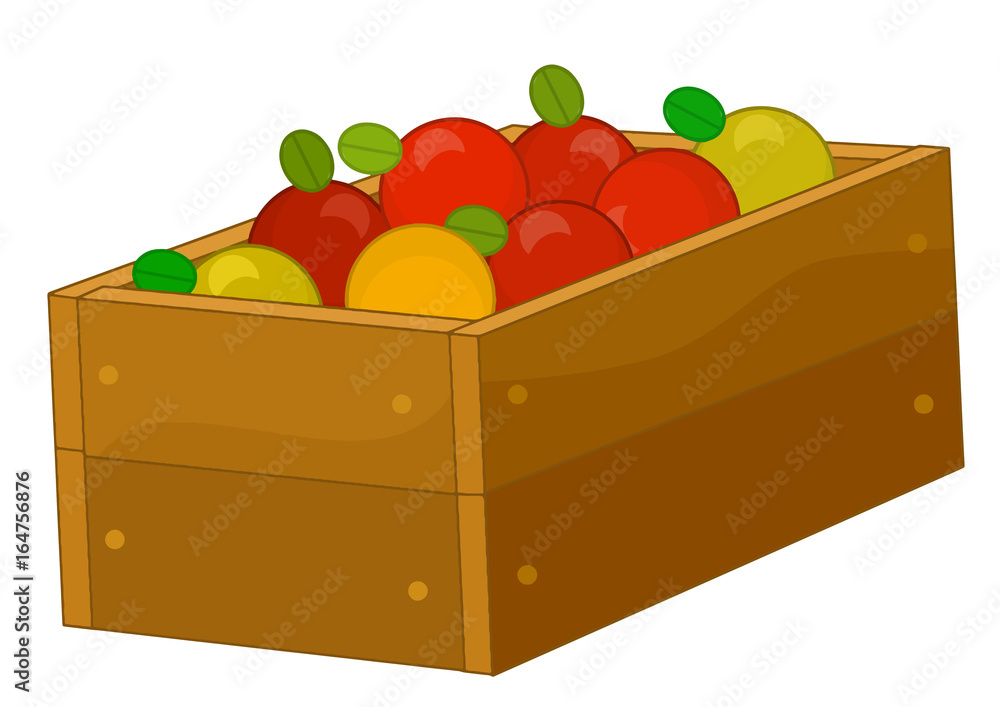 cartoon apples in wooden crate - isolated vector - illustration for ...