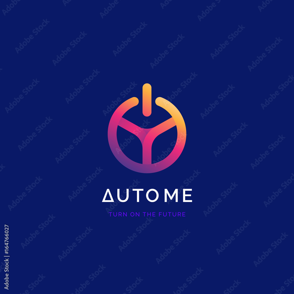 Steering wheel with power button logo. Driverless car symbol. Driving ...