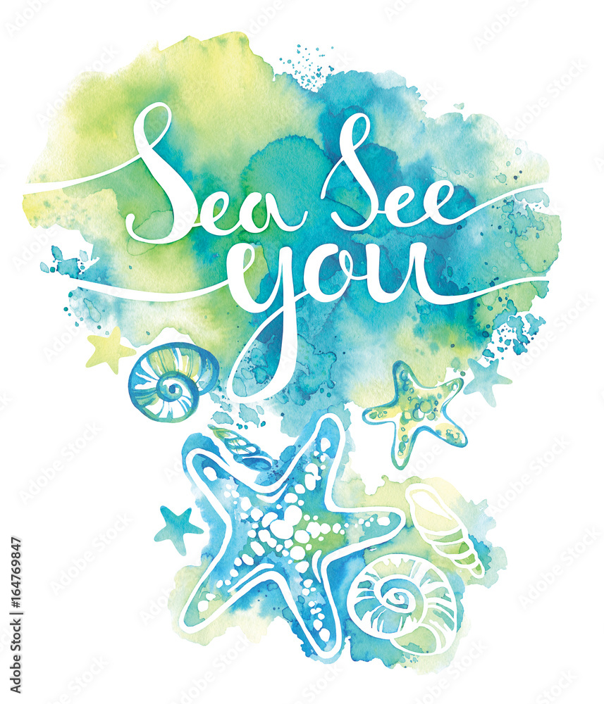 Marine illustration with text. Sea life poster. Sea life card ...