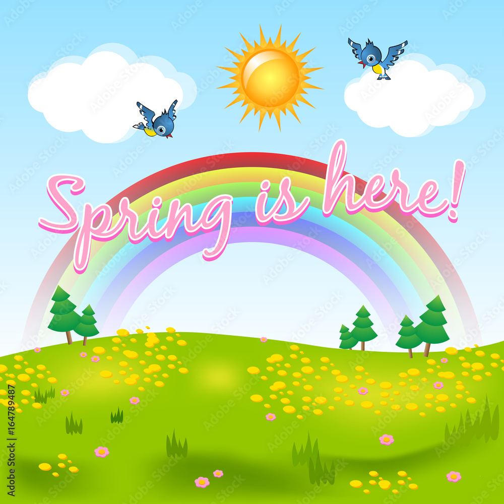 Spring is here natural scenery with grassy meadow included flowers ...