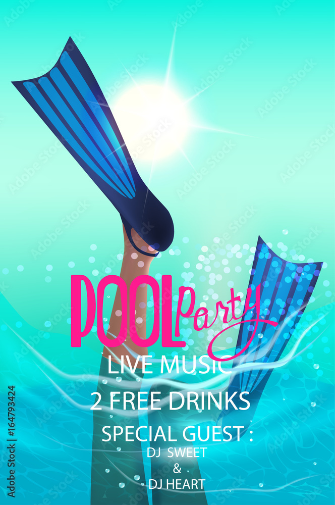 Pool party poster with a girl in flippers and swimming pool water ...