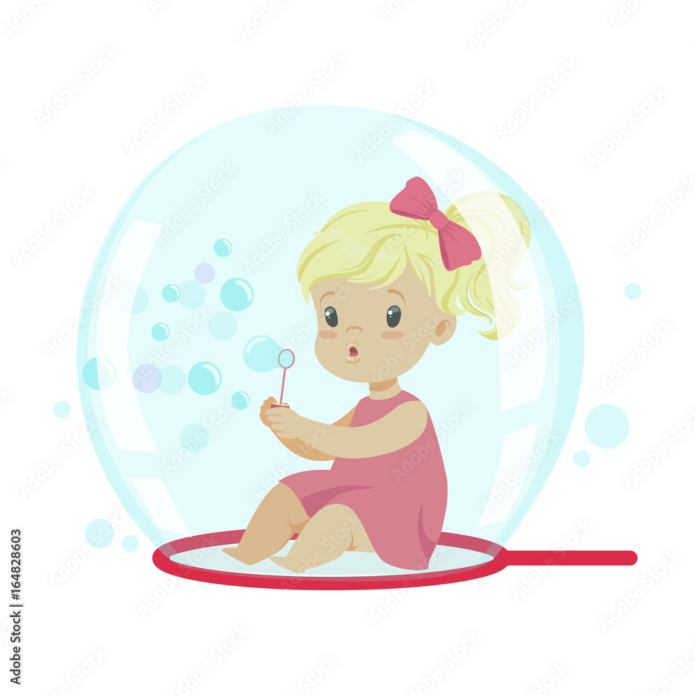 Adorable little girl blowing bubbles while sitting inside soap bubble ... Adorable little girl blowing bubbles while sitting inside soap bubble ...