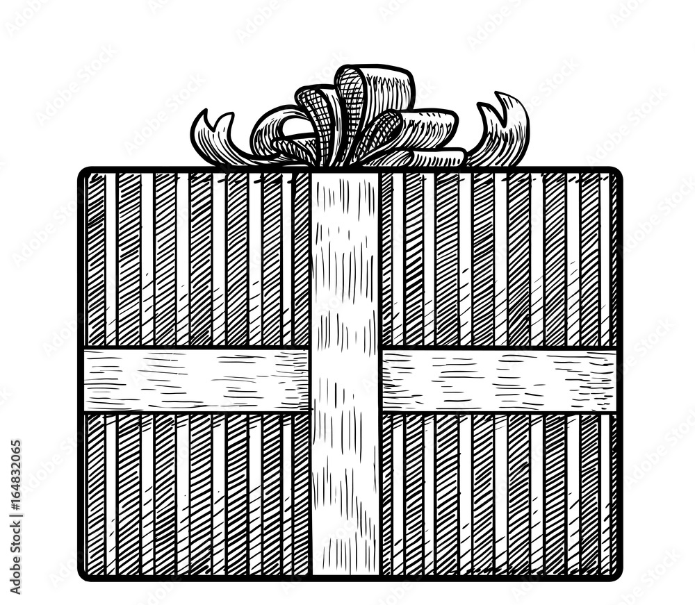 Gift box illustration, drawing, engraving, ink, line art, vector Stock ...