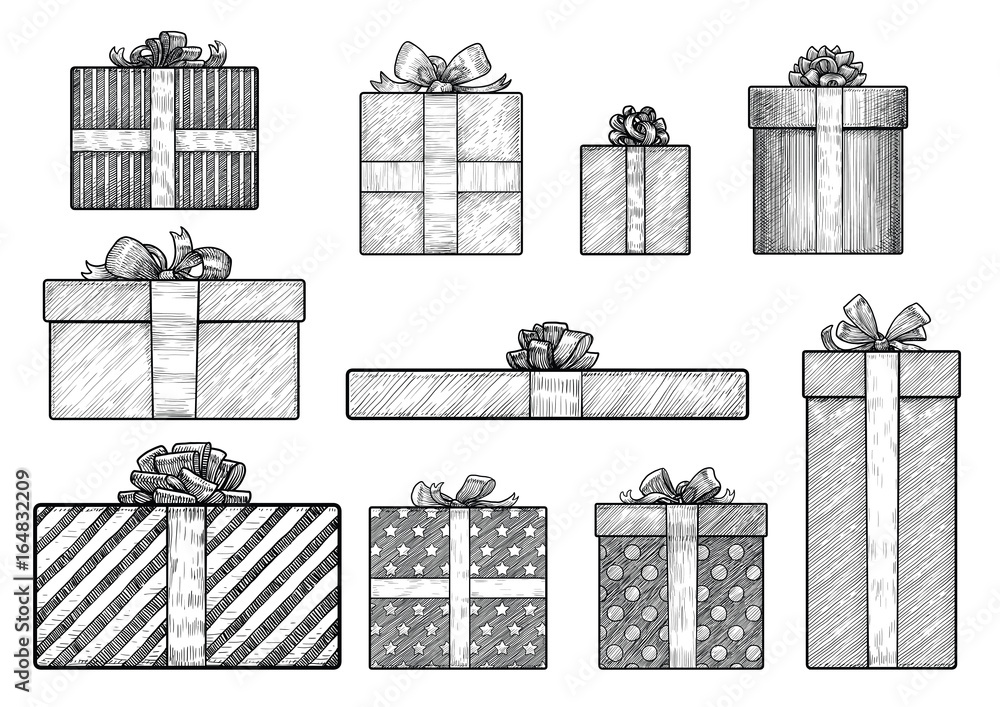 Gift box illustration, drawing, engraving, ink, line art, vector Stock ...