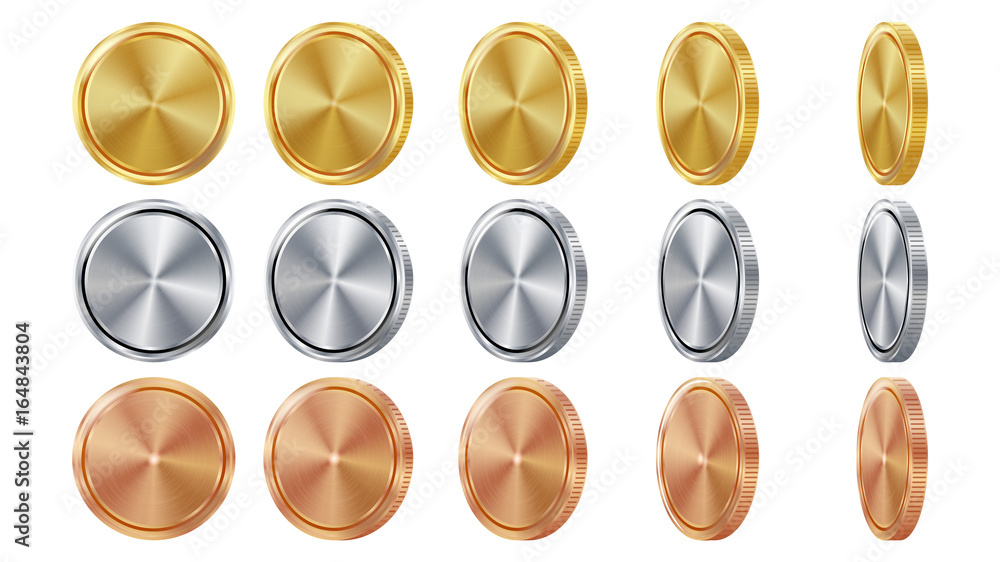 Empty 3D Gold, Silver, Bronze Coins Vector Blank Set. Realistic ...