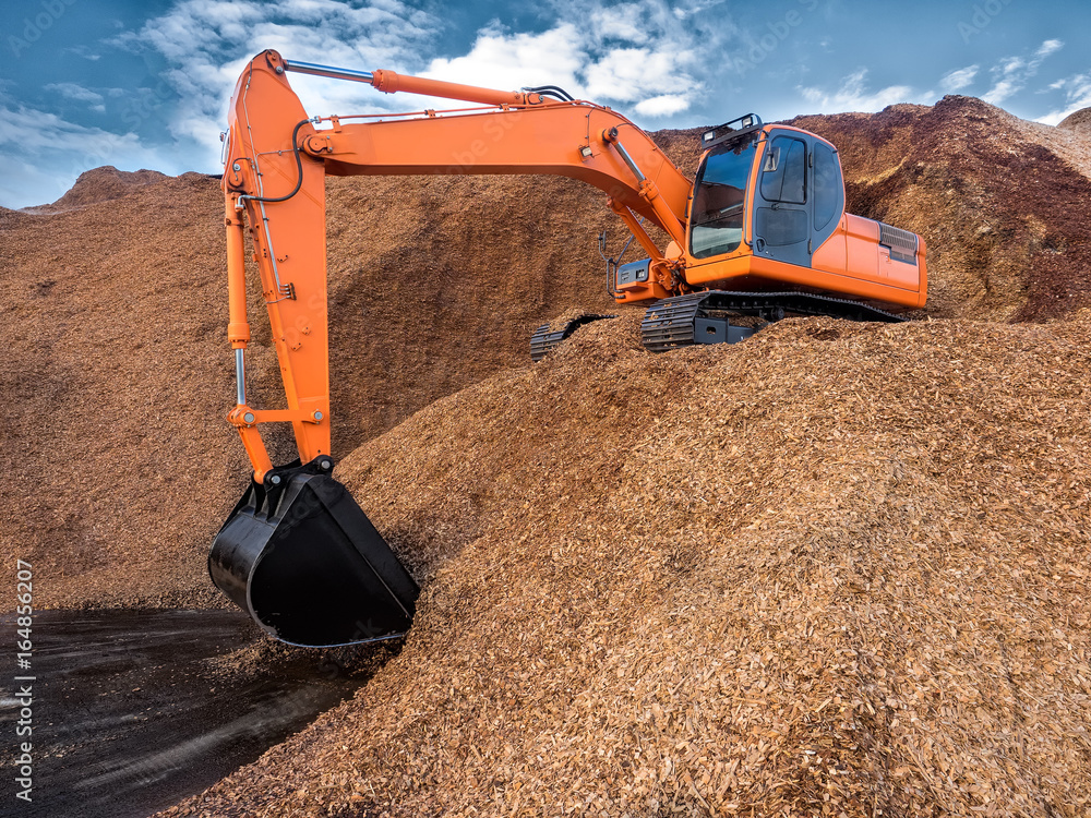 Pile of wood chips to storage for export by backhoe Stock Photo | Adobe ...