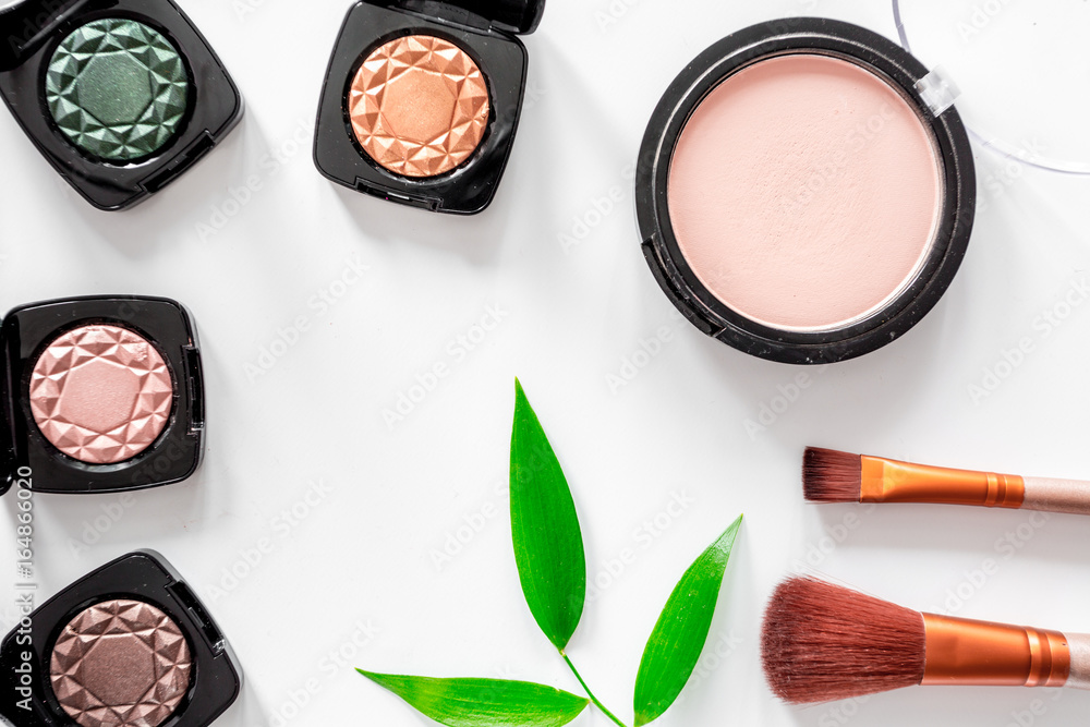 Makeup kit. Eyeshadows, brushes, blushes on white table background top ...