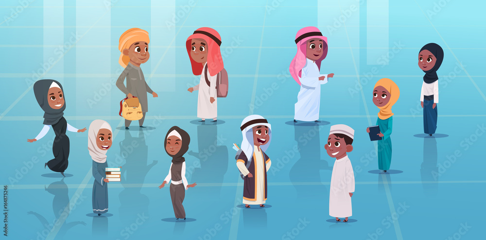 Arab Children Girls And Boys Set Small Cartoon Pupils Collection Muslim ...