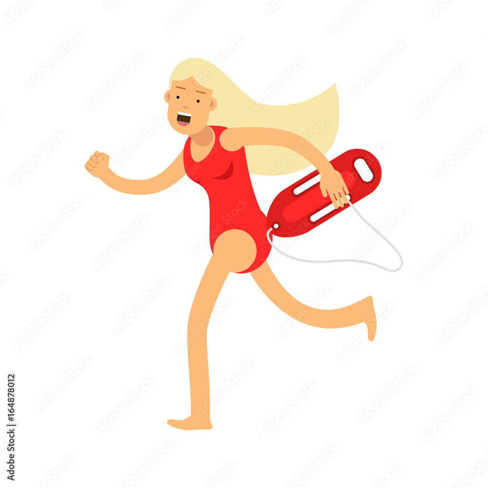 Lifeguard girl character in a red swimsuit running with life preserver ...