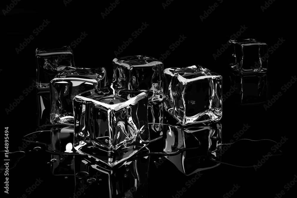 Scattered ice cubes on a dark glossy background in droplets of water ...