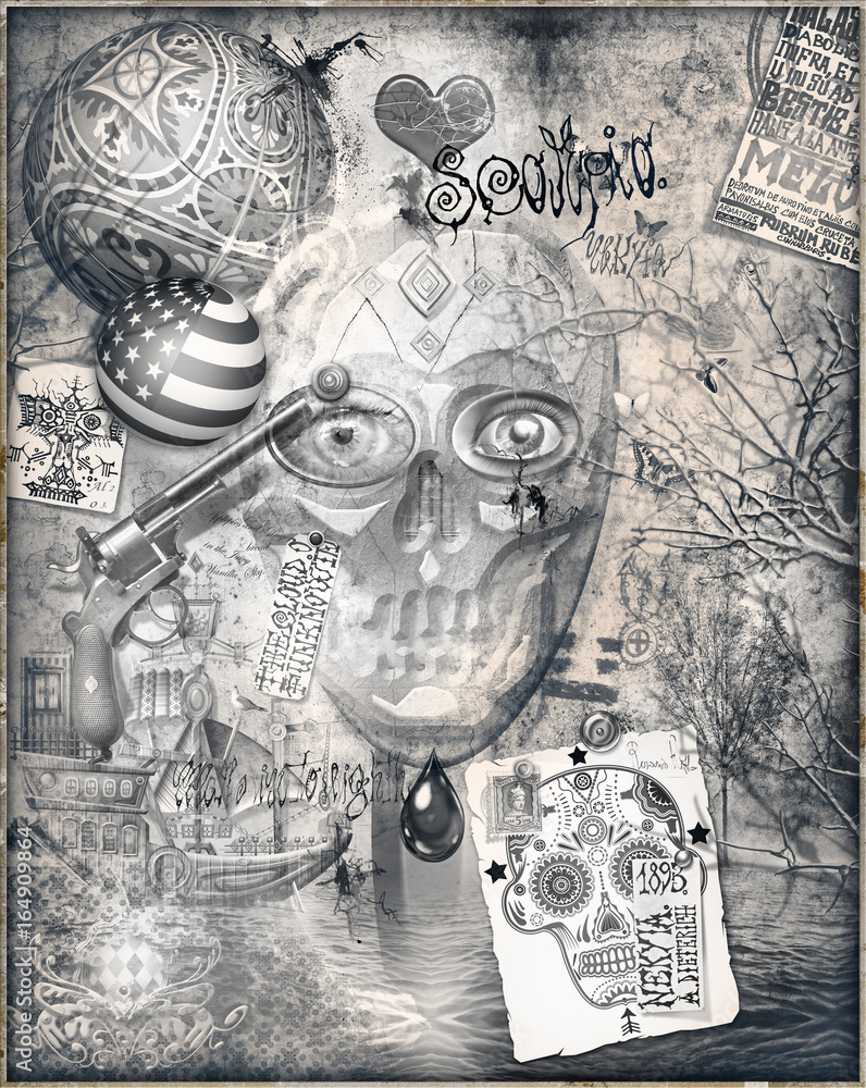 Mysterious murals,graffiti,collage and street art with skull and ...