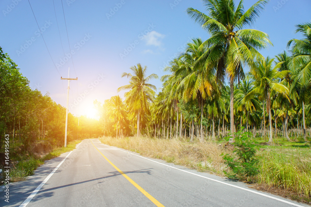Beautiful sun rising sky with asphalt highways road in rural scene use ...